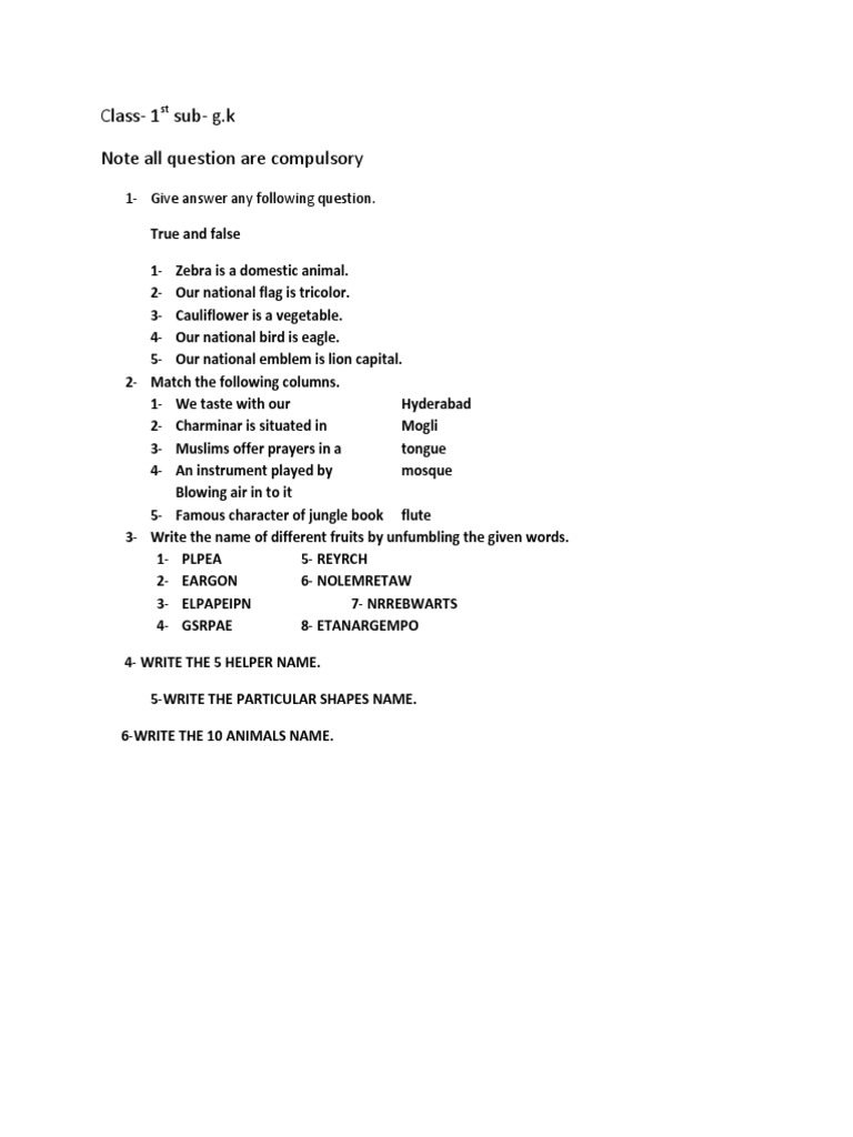 Class-1 Sub - G.K Note All Question Are Compulsory: 1 - Give Answer Any ...
