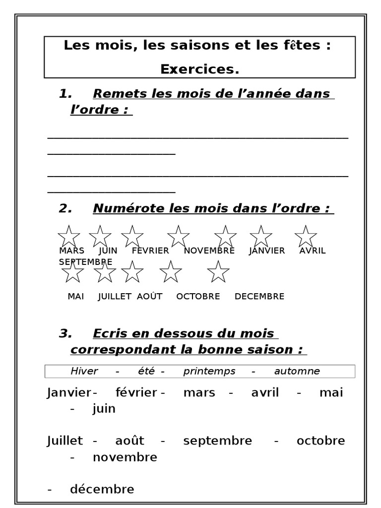 09 02 09les Mois Les Aisons Et Les Fetes Exercices | PDF