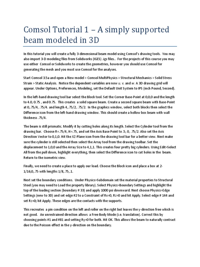Comsol Tutorial 2 3d Beam Pdf Beam Structure Stress Mechanics