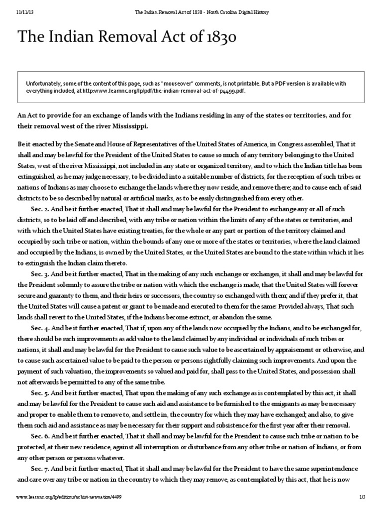 the indian removal act of 1830 | United States Law | Common Law | Free ...