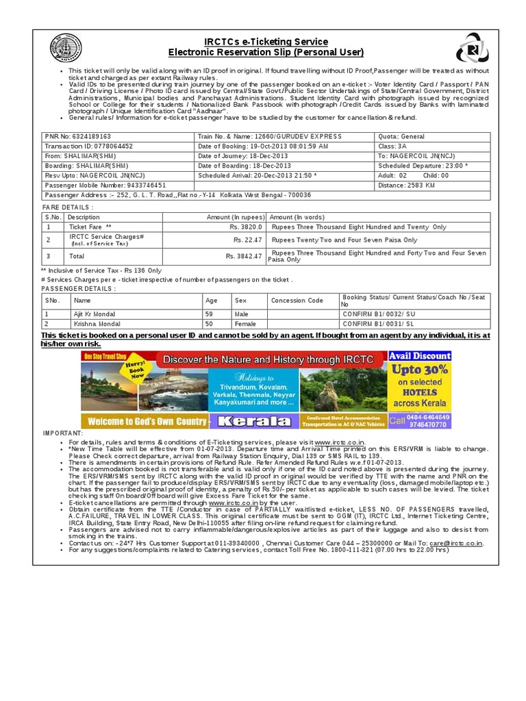 Electronic Reservation Slip for Two Passengers Traveling from Shalimar ...