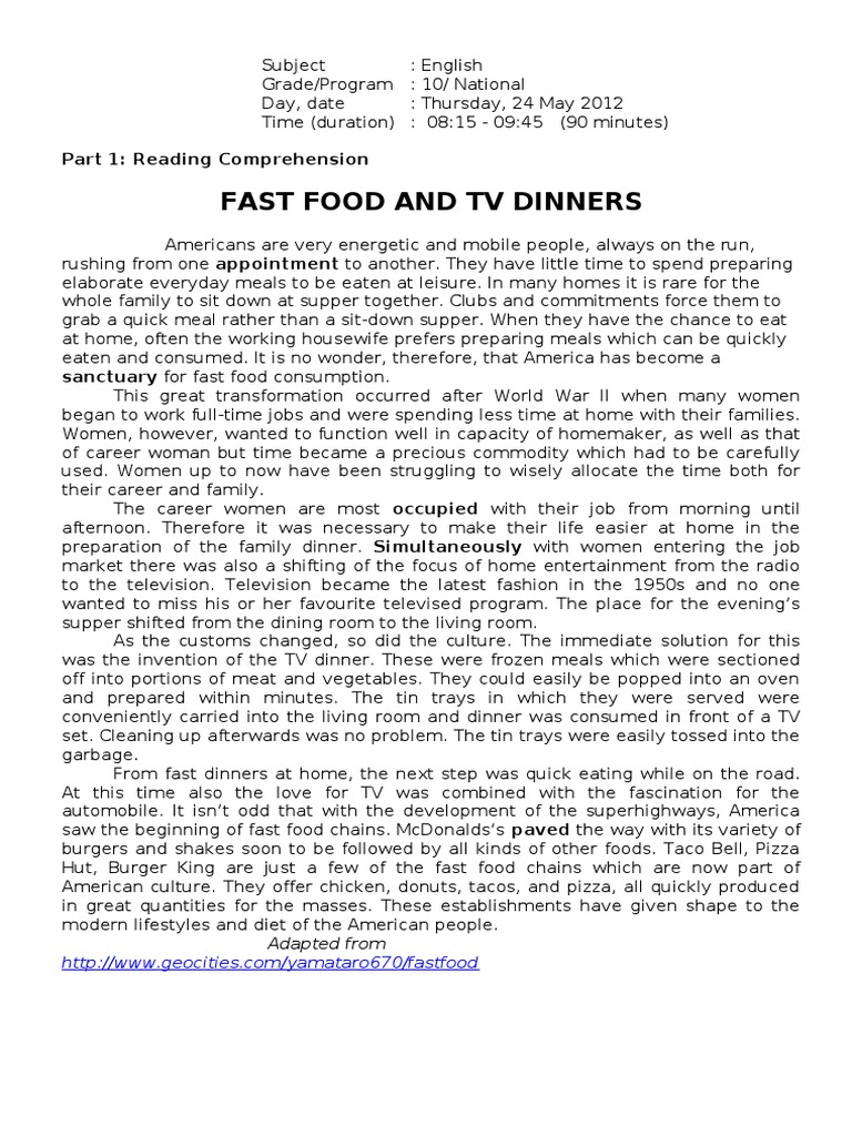 Fast Food and TV Dinners: Part 1: Reading Comprehension | PDF ...