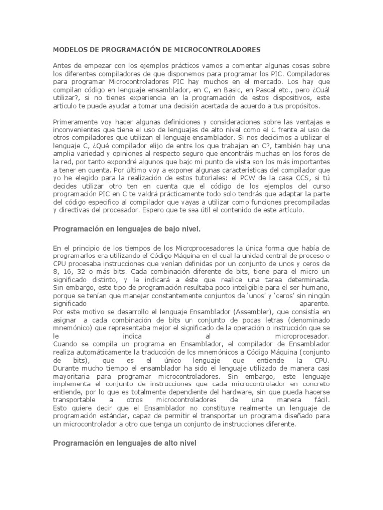 Modelos de Programación de Microcontroladores | PDF | Lenguaje ...