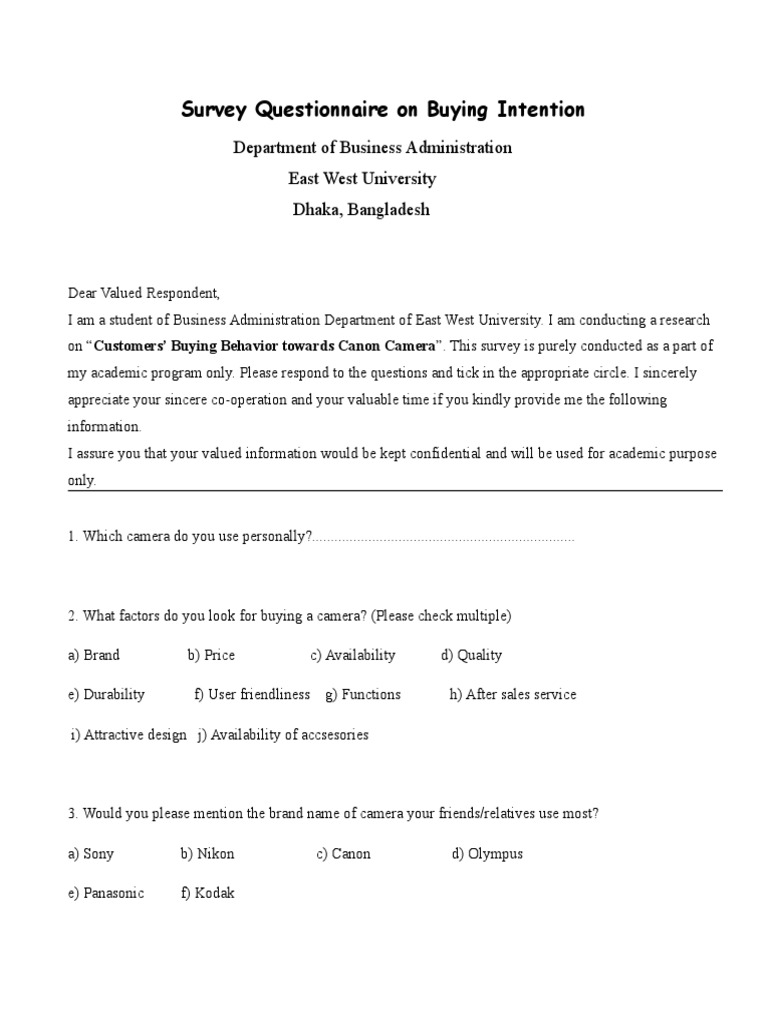 Survey Questionnaire On Buying Intention: Department of Business ...