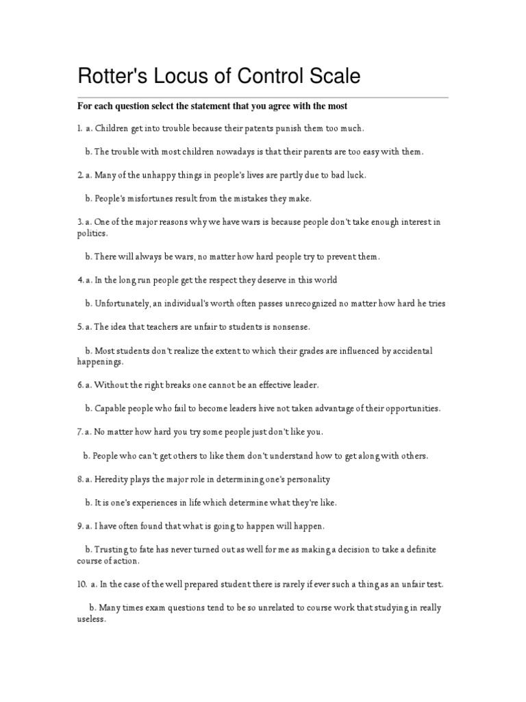 Rotter Locus of Control Handout | PDF | Luck | Cognition