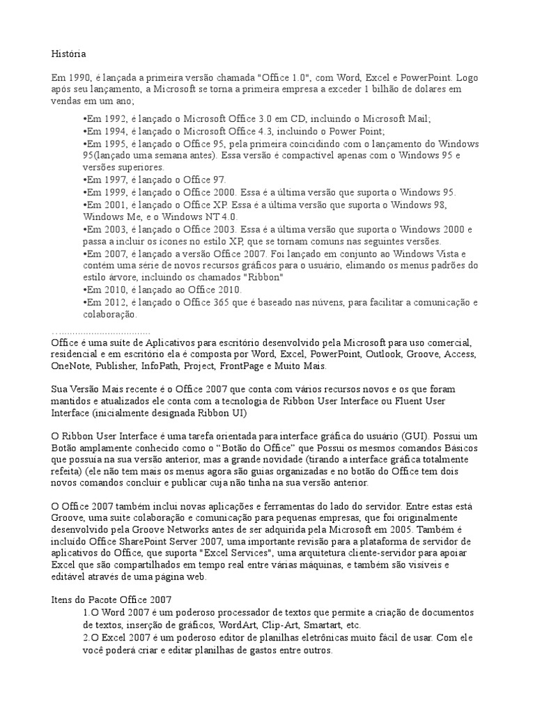 História D Microsoft Office | PDF | Microsoft Excel | Microsoft