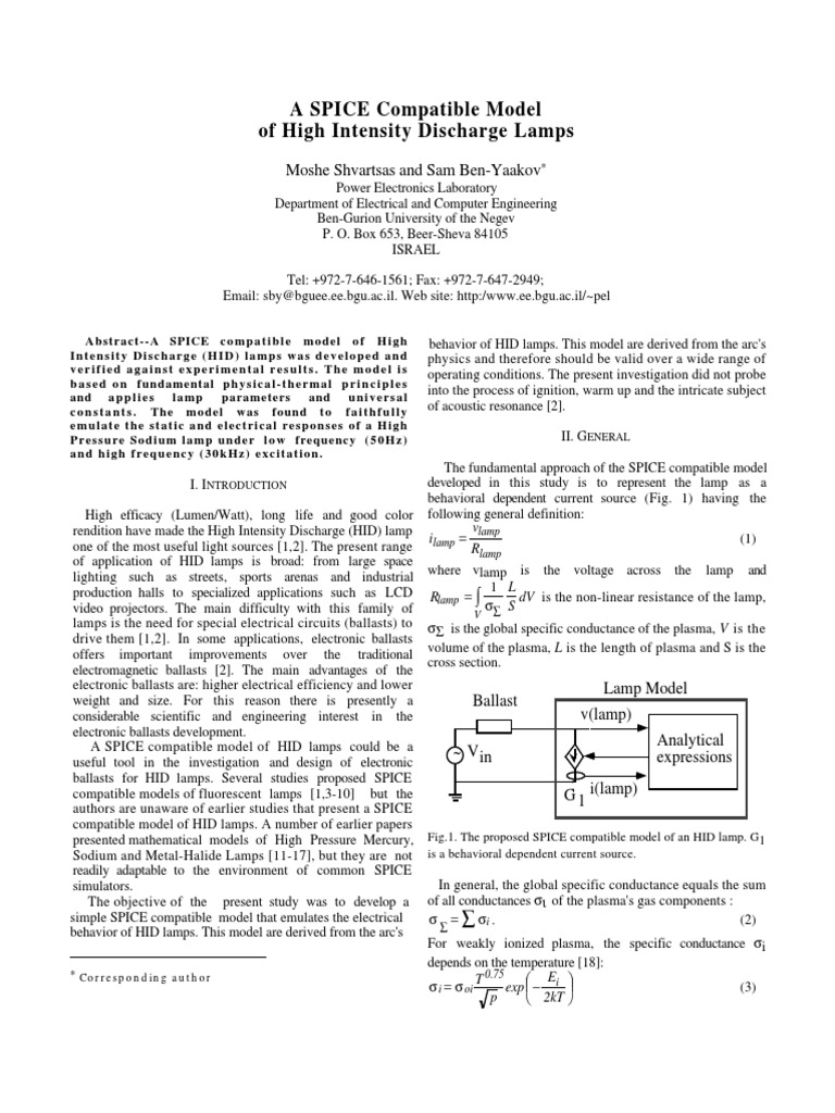 A SPICE Compatible Model of High Intensity Discharge Lamps: Moshe ...