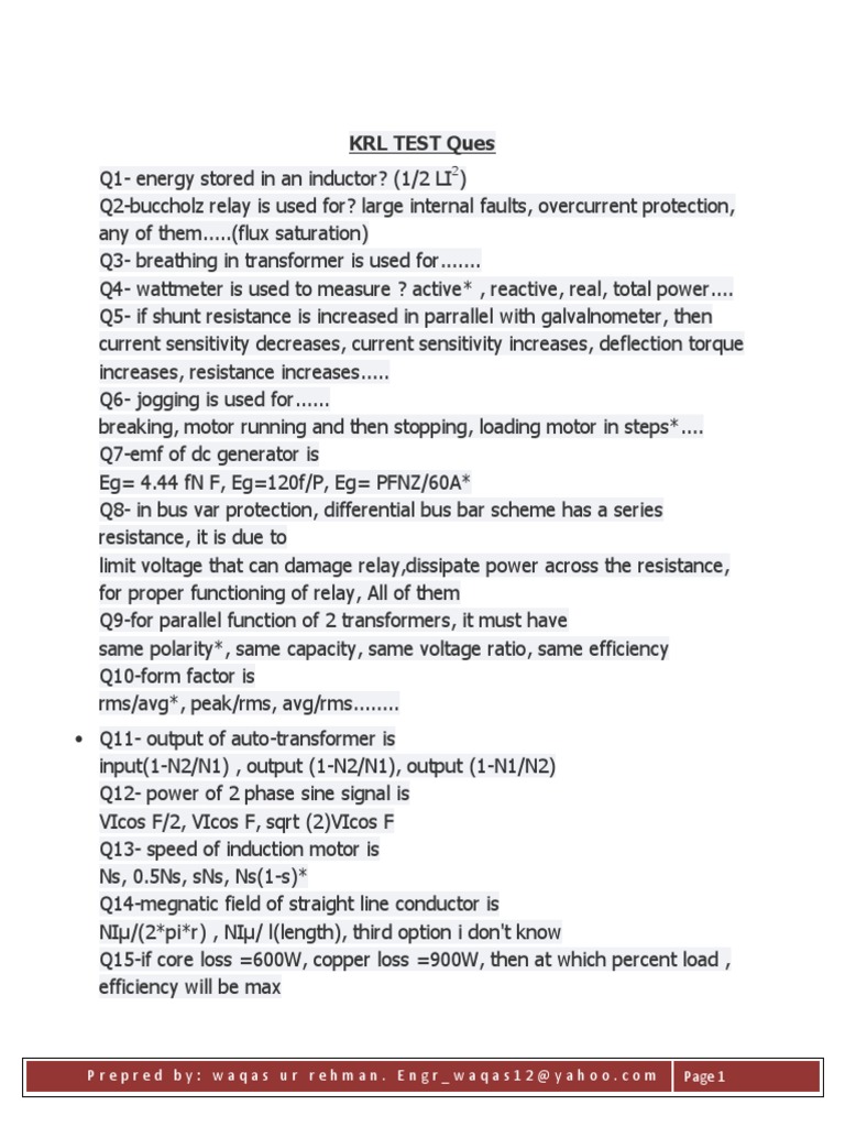 KRL Test For EE | Download Free PDF | Electric Motor | Transformer