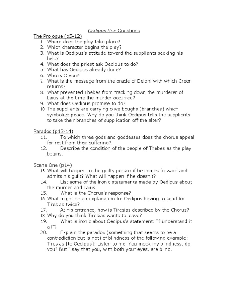Oedipus Rex Questions | PDF | Oedipus | Theban Mythology