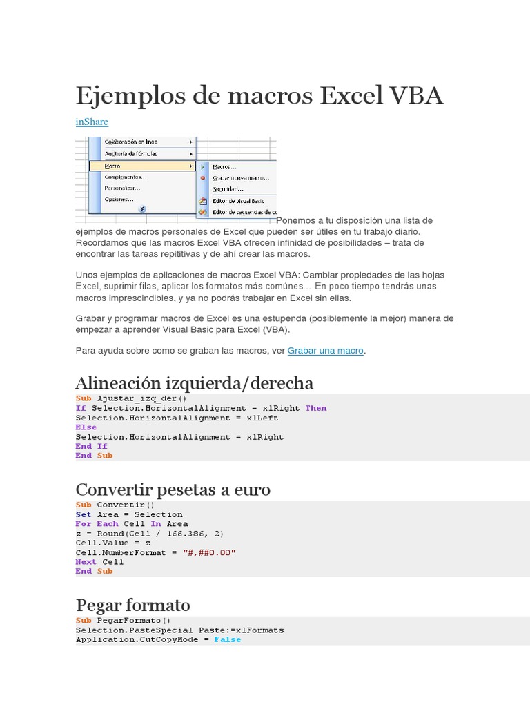 Ejemplos de Macros Excel VBA | PDF | Macro (informática) | Microsoft Excel