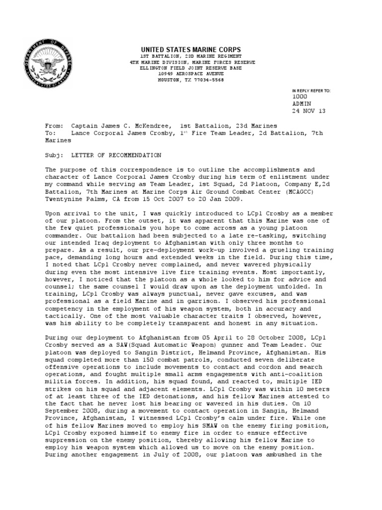 LCPL James Crosby Letter of Recommendation | PDF | United States Marine ...