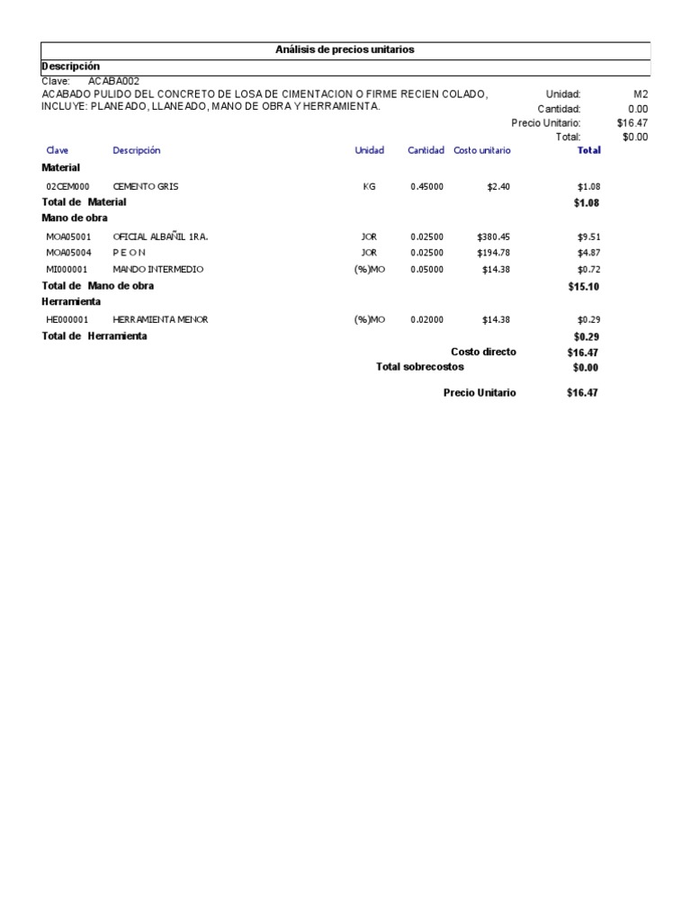 Matrices de Precios Unitarios Acabados en Concreto - 2 | PDF | Science | Ingeniería