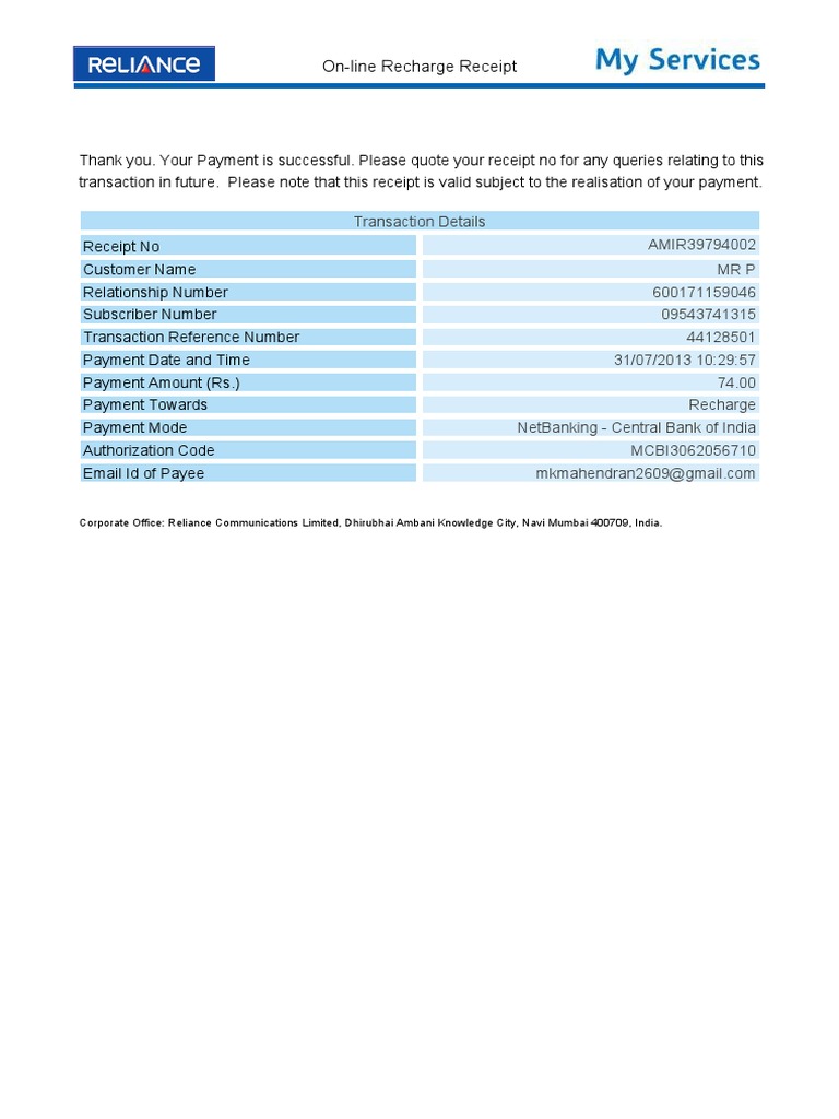 Online Recharge Payment Receipt | PDF
