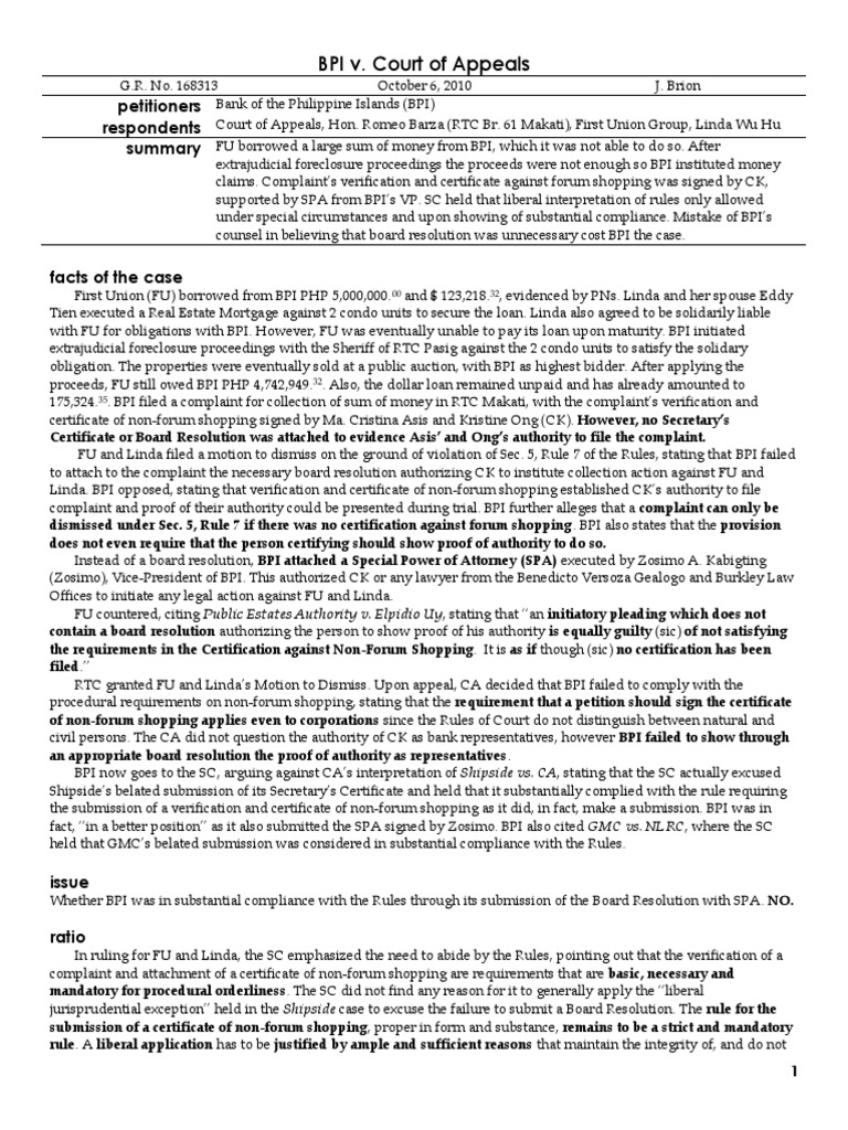 BPI vs. CA (2010) | PDF | Complaint | Foreclosure