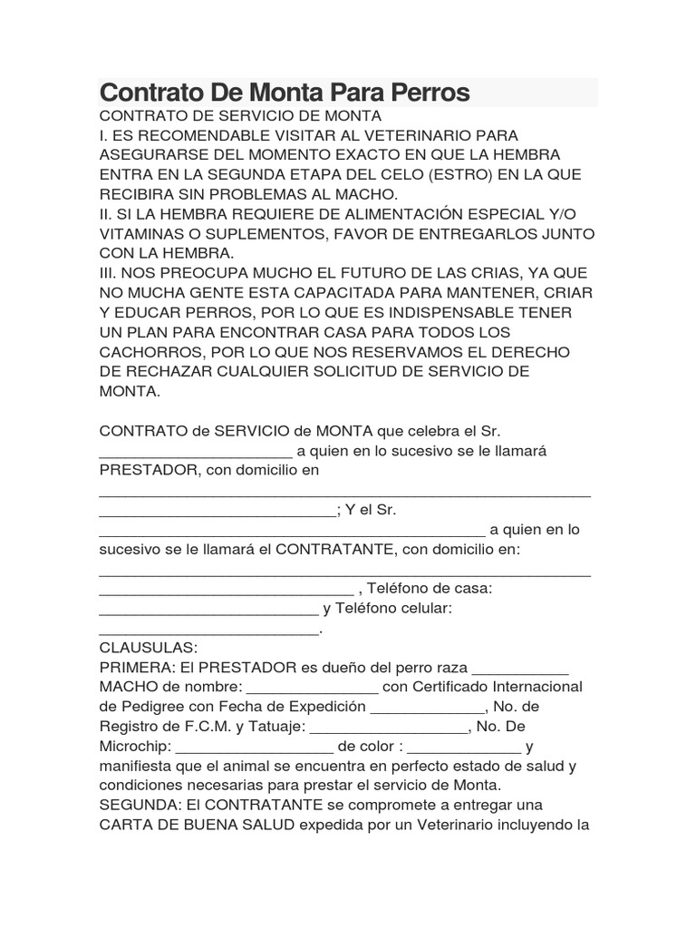 Contrato de servicio de monta canina detalla los términos y condiciones para el apareamiento de ...