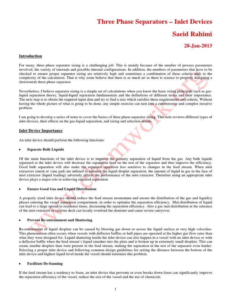 Three Phase Separator - Inlet Devices | PDF