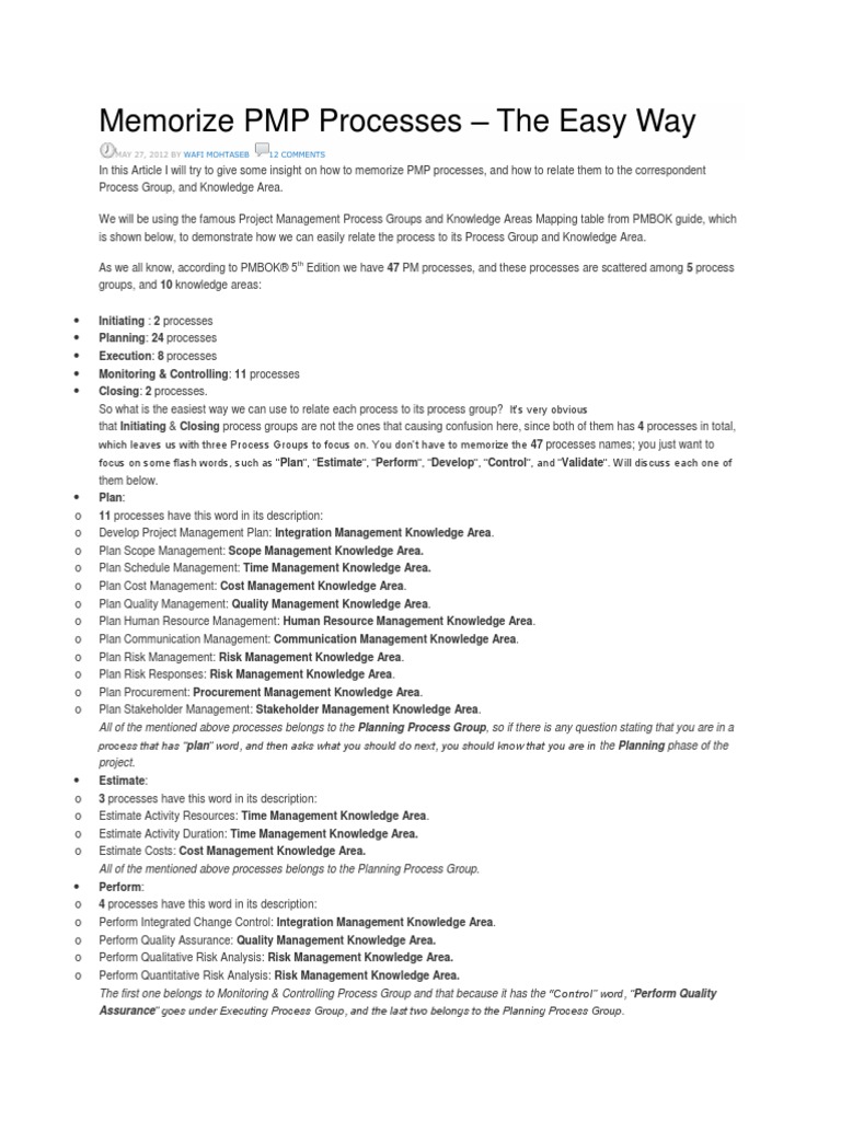 Memorize PMP Processes | PDF | Risk Management | Project Management