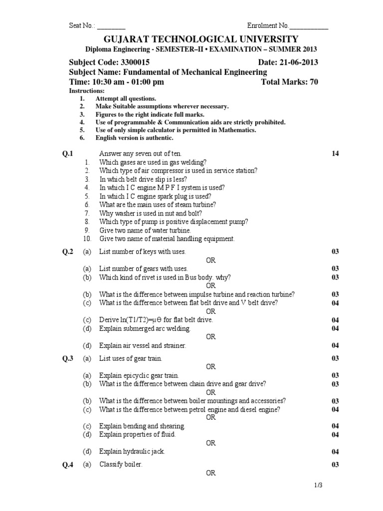 Fundamentals of Mechanical Engineering Question Paper | PDF