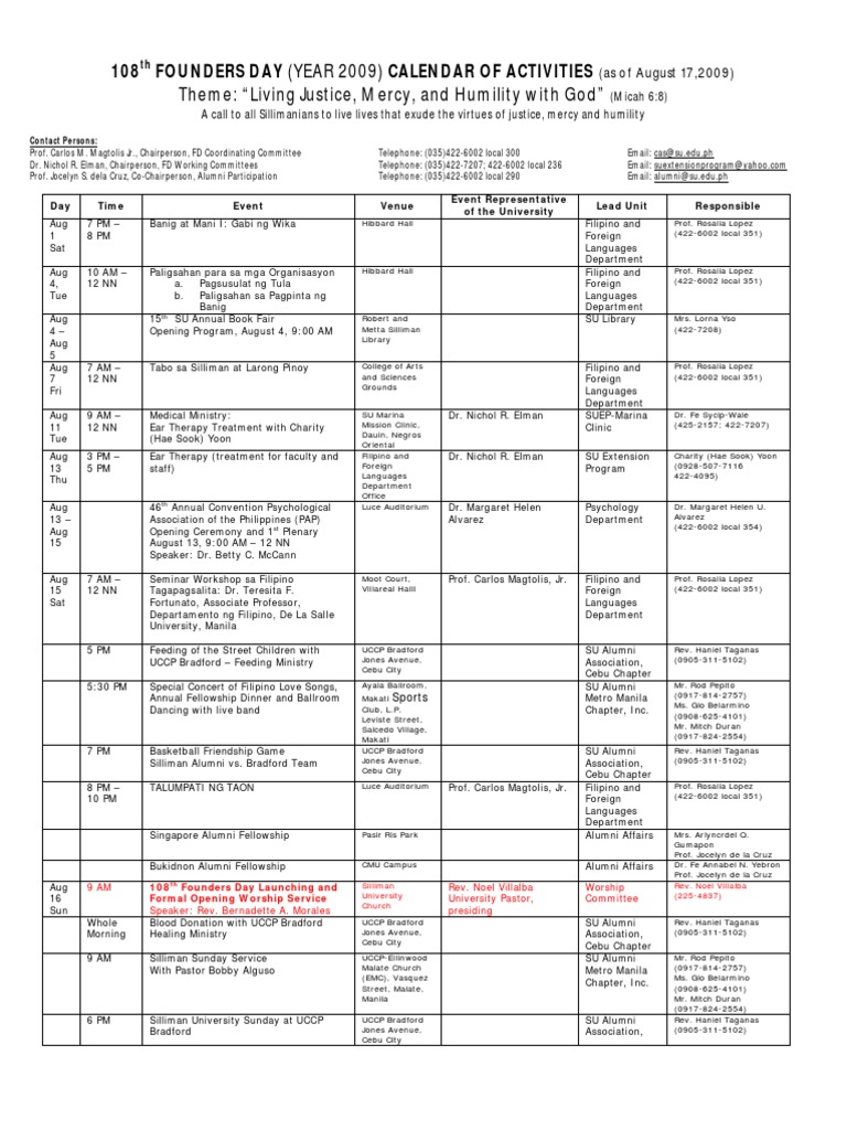 Silliman University Founders Week Schedule of Activities | PDF ...