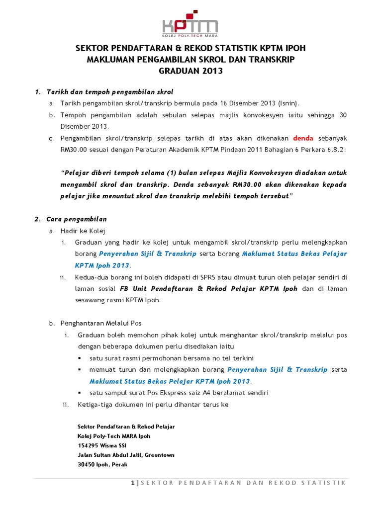 Makluman Pengambilan Skrol Dan Transkrip Graduan 2013 | PDF