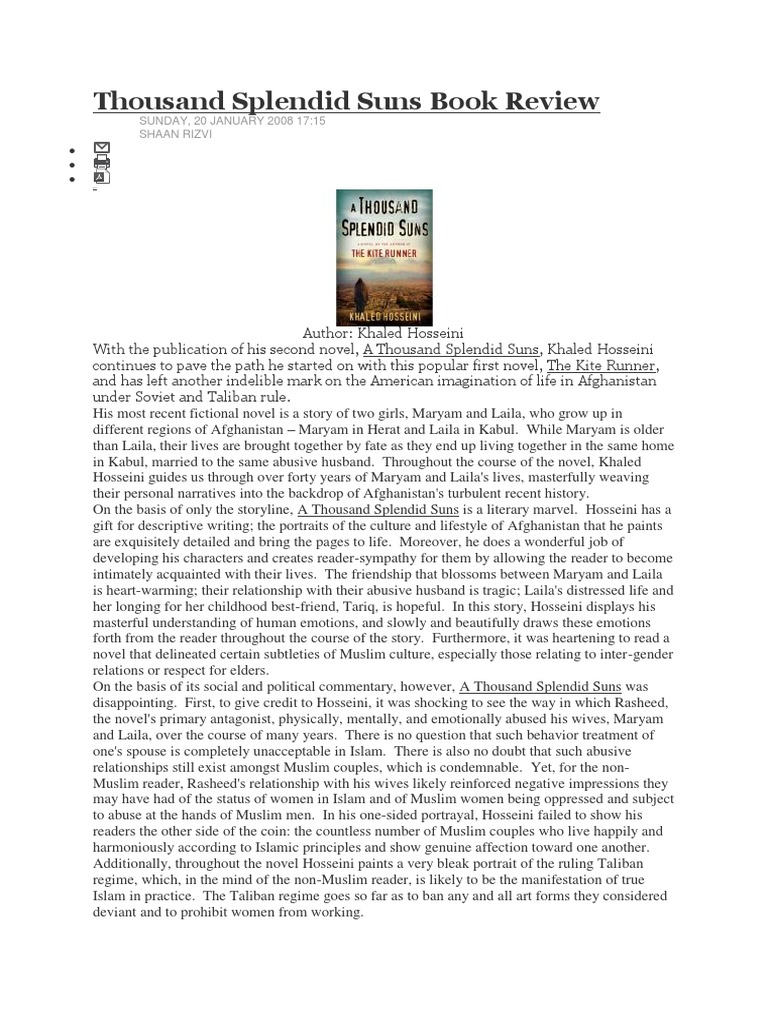 Thousand Splendid Suns Book Review | PDF | Religion And Belief