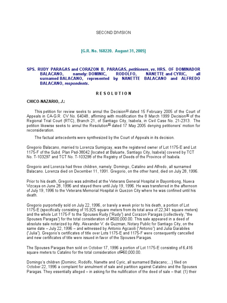 Sps. Rudy Paragas and Corazon B. Paragas Vs Heirs of Dominador Balacano ...