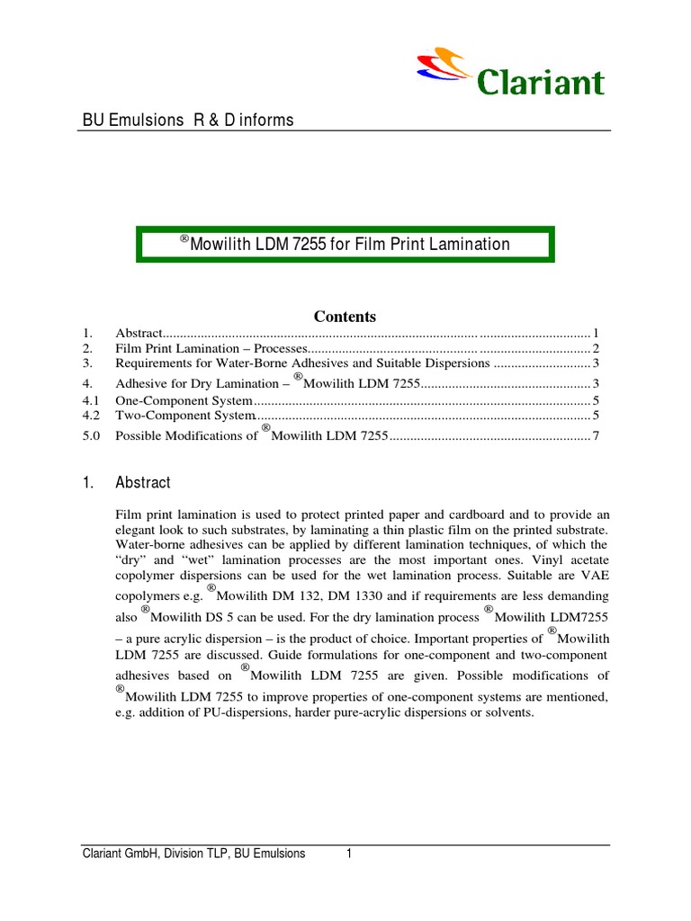 Mowilith LDM 7255 For Film Print Lamination | PDF | Adhesive | Sodium ...