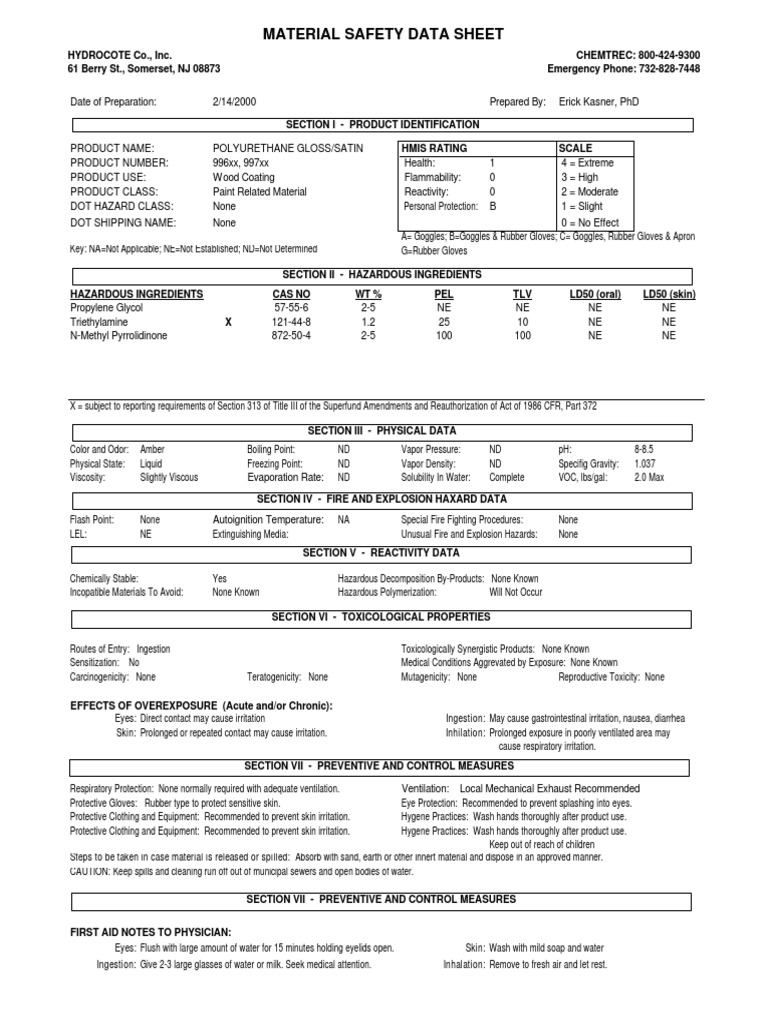 Polyurethane Gloss/Satin MSDS | PDF | Hygiene | Personal Protective ...