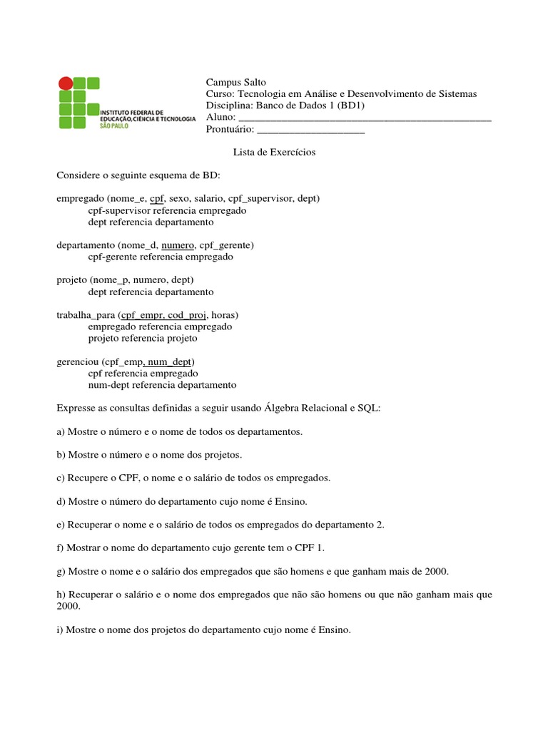 Algebra Relacional SQL Lista de Exercicios 1 | PDF | Bancos de dados | Gestão de dados