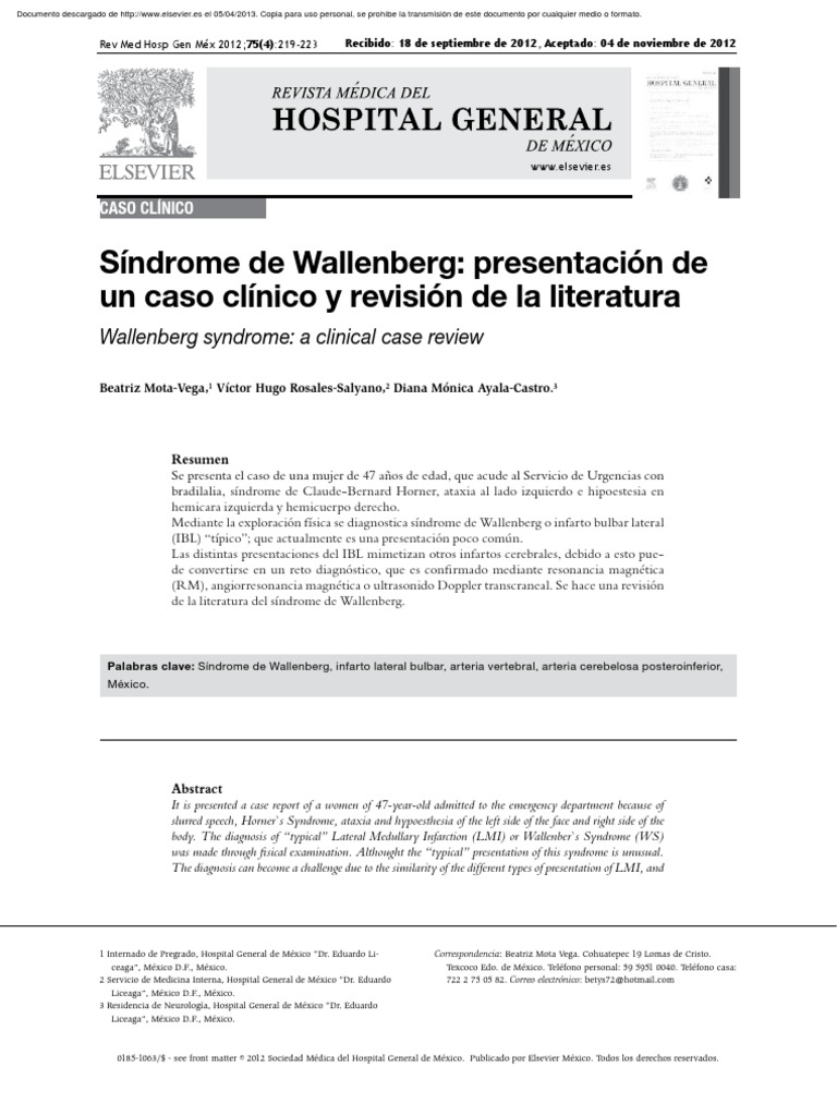 Síndrome de Wallenberg | PDF | Infarto de miocardio | Cerebelo