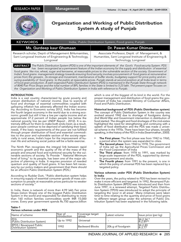 Organization and Working of Public Distribution System A Study of ...