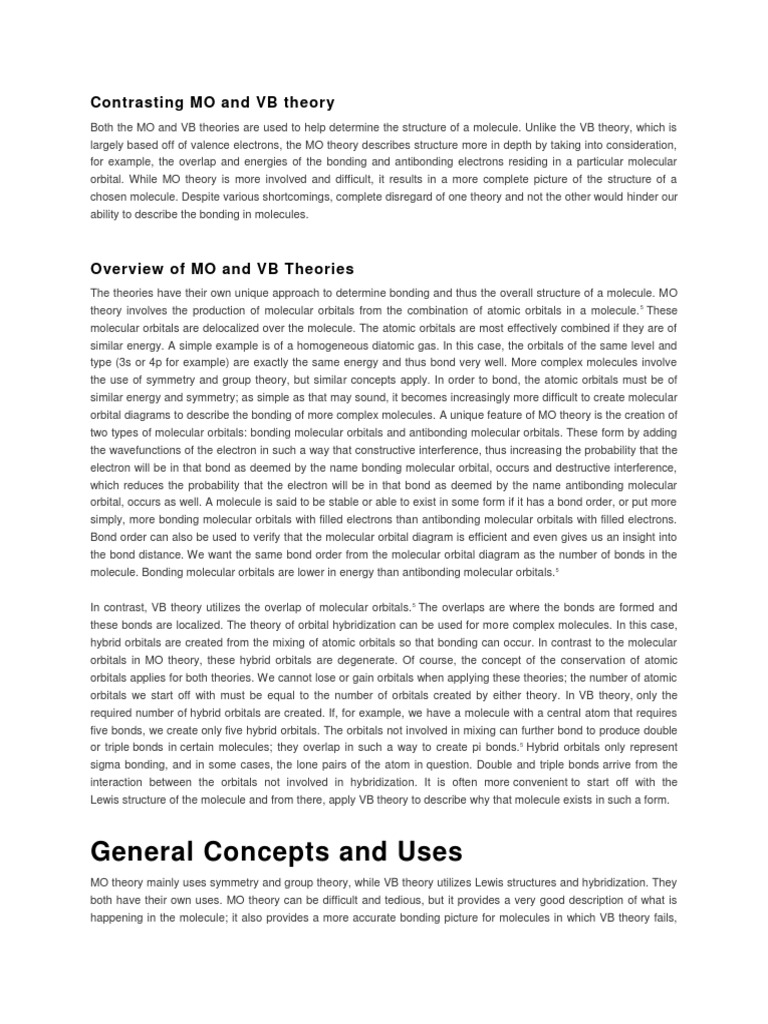 Contrasting MO and VB Theory | PDF | Molecular Orbital | Chemical Bond
