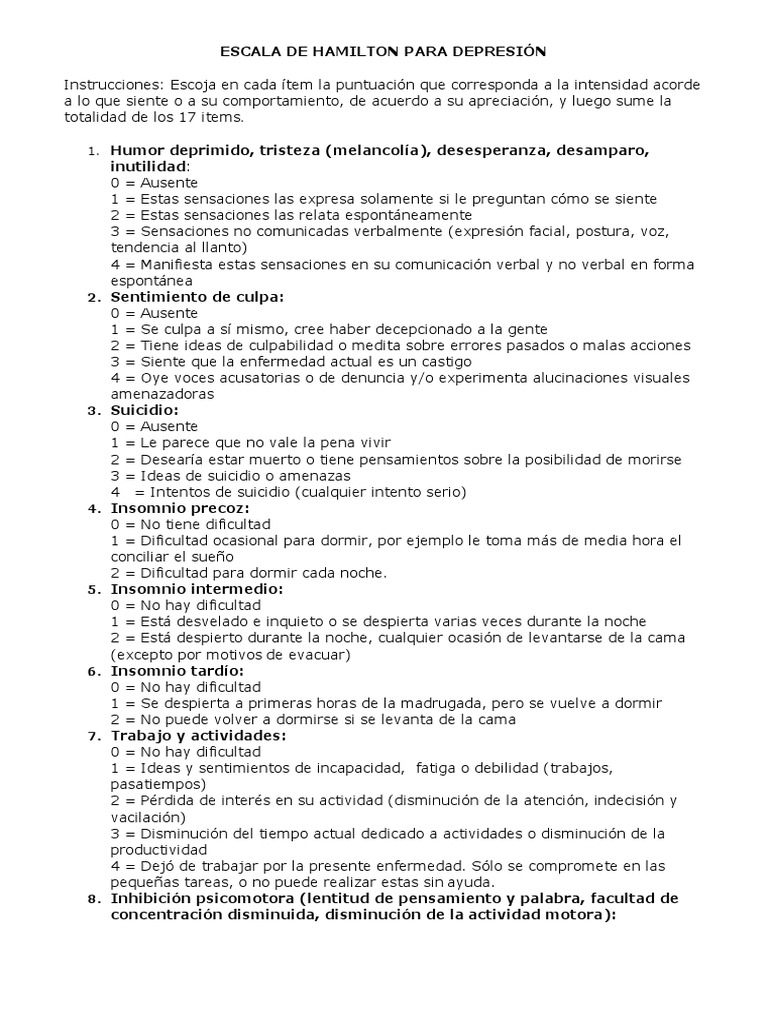 ESCALA DE HAMILTON PARA DEPRESIÓN | Depresión (estado de ánimo) | Ansiedad
