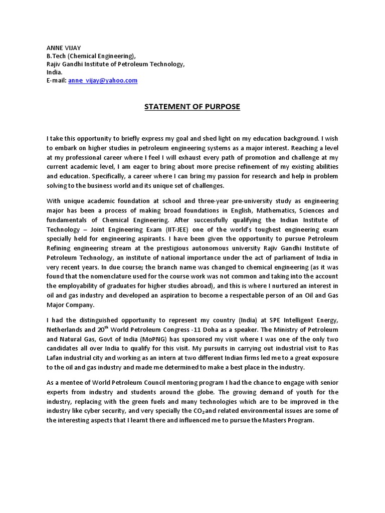 Statement of Purpose | PDF | Engineering | Petroleum
