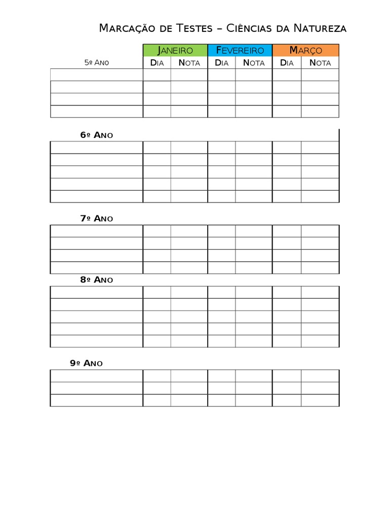 Tabela para Marcar Testes | PDF