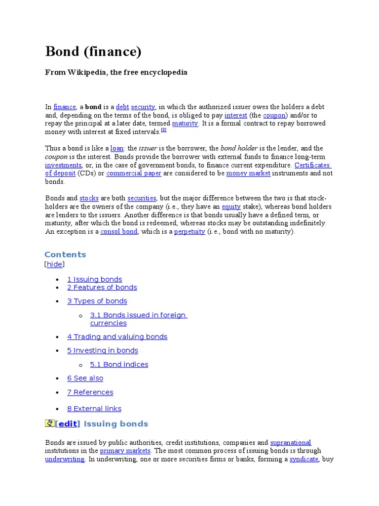 Bond (Finance) : From Wikipedia, The Free Encyclopedia | PDF | Bonds ...