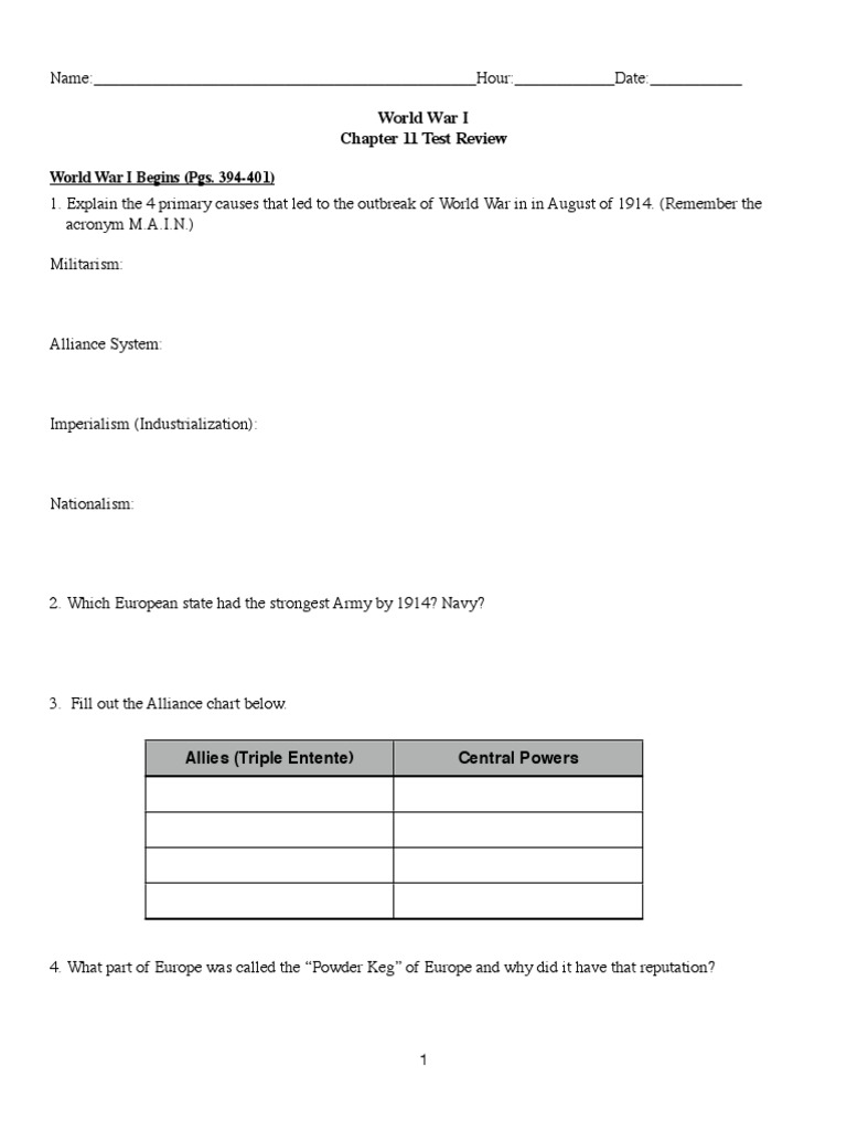 Ch. 11 World War I Test Review | PDF | Treaty Of Versailles | World War I