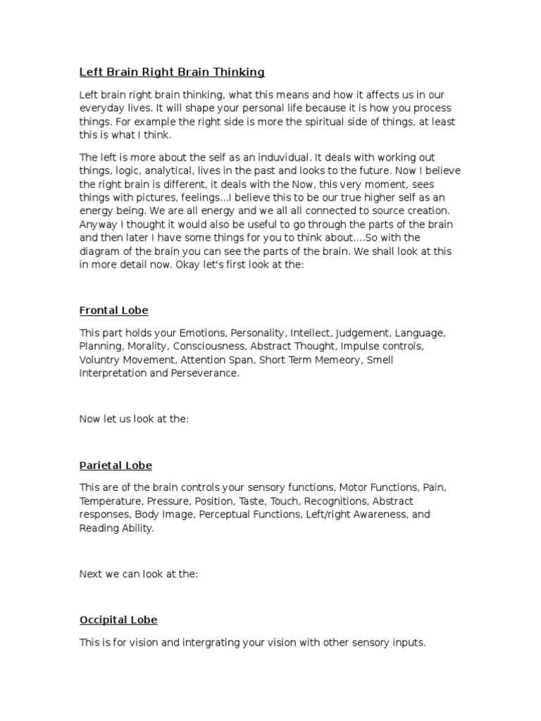 Right Brain Left Brain Thinking | PDF | Emotions | Thought