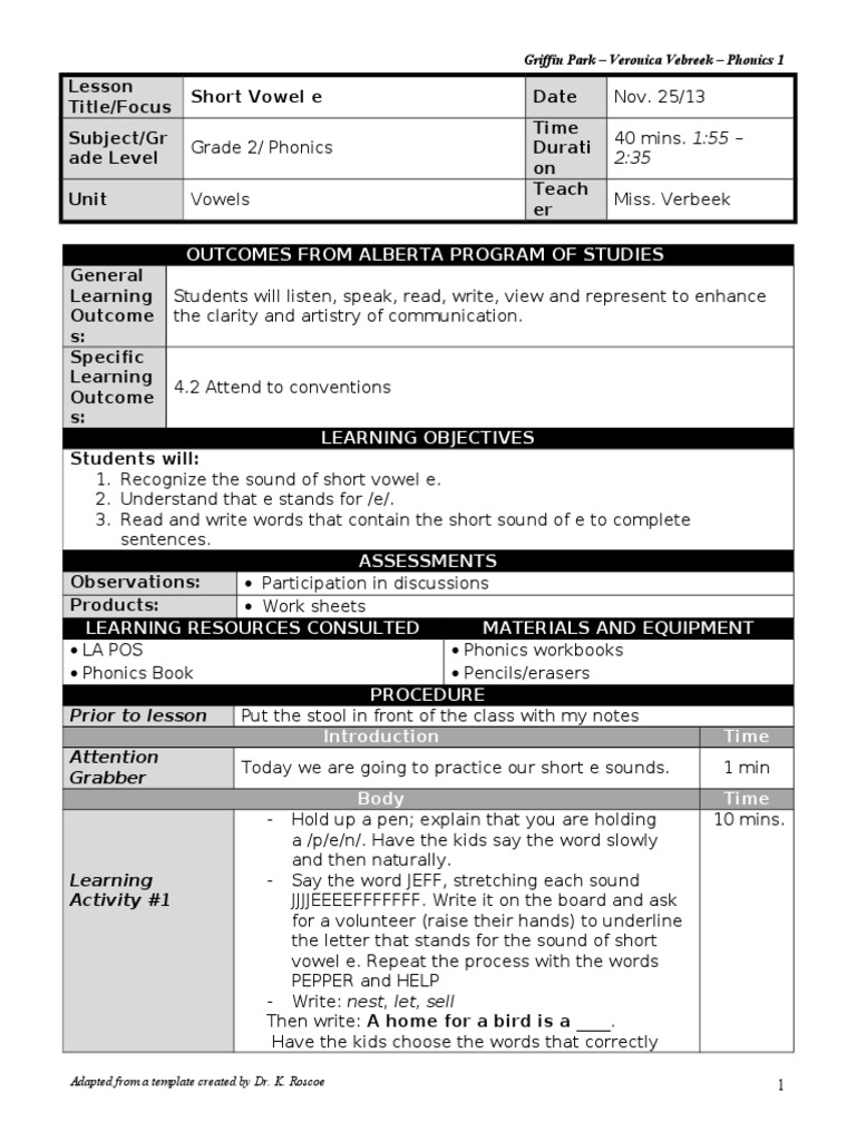 Short Vowel E Phonics Lesson Plan | PDF | Foreign Language Studies