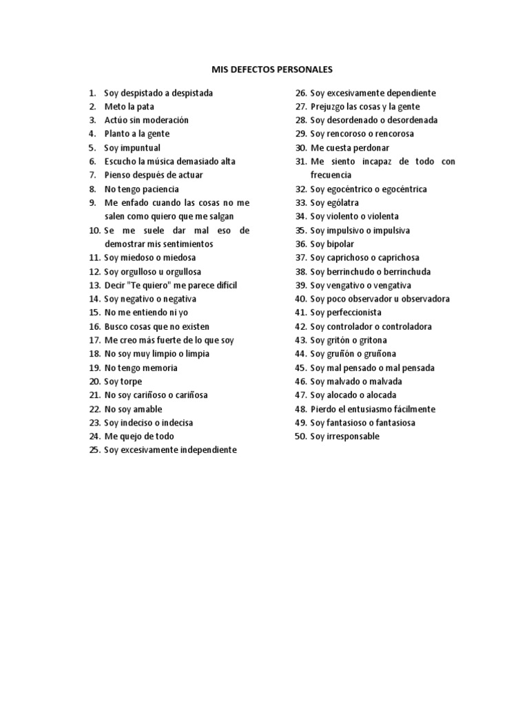 Mis Defectos Personales | PDF | Relaciones personales, crianza y ...