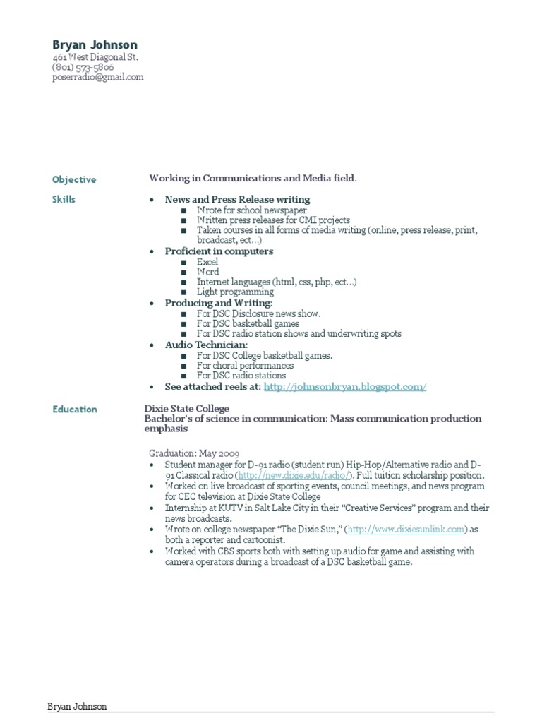 Bryan Johnson's Resume | PDF | Entertainment | Mass Media