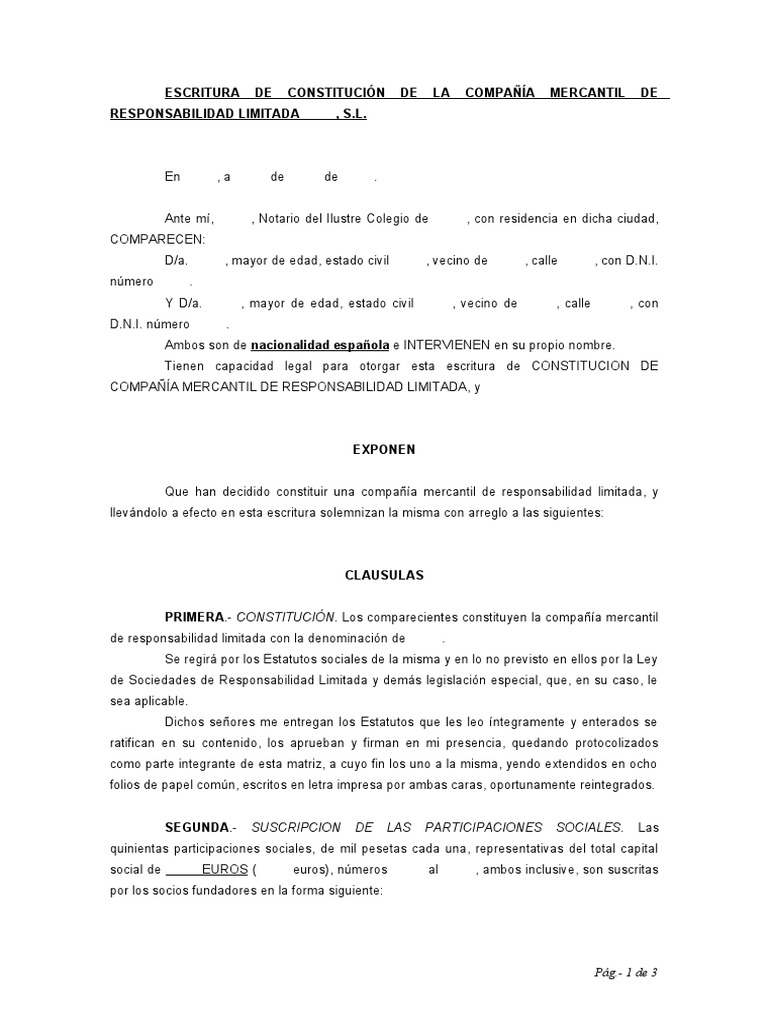 Plantilla - Escritura de Constitucion de Sociedad Limitada | Derecho Civil (Common Law ...
