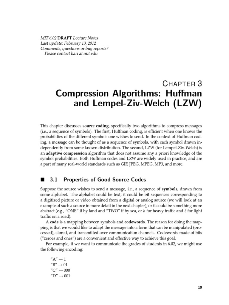 Huffman And Lempel Ziv Welch Pdf Code Data Compression