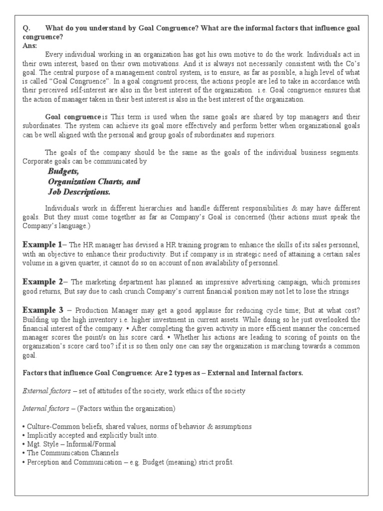 Goal Congruence | PDF | Goal | Motivation