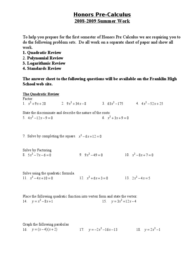 Honors Pre-Calculus Summer Work Guide | PDF | Quadratic Equation ...