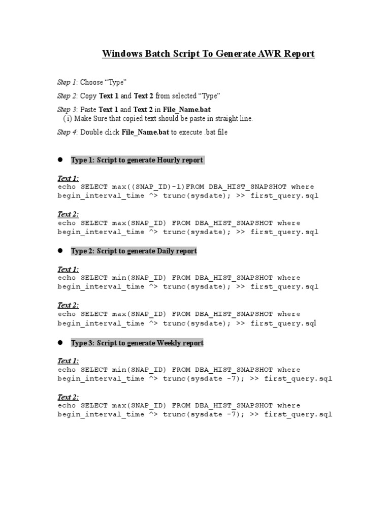 Windows Batch Script To Generate AWR Report | PDF | Technology ... Windows Batch Script To Generate AWR Report | PDF | Technology ...