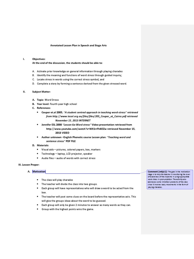 Annotated Lesson Plan in Speech and Stage Arts | PDF | Lesson Plan ...
