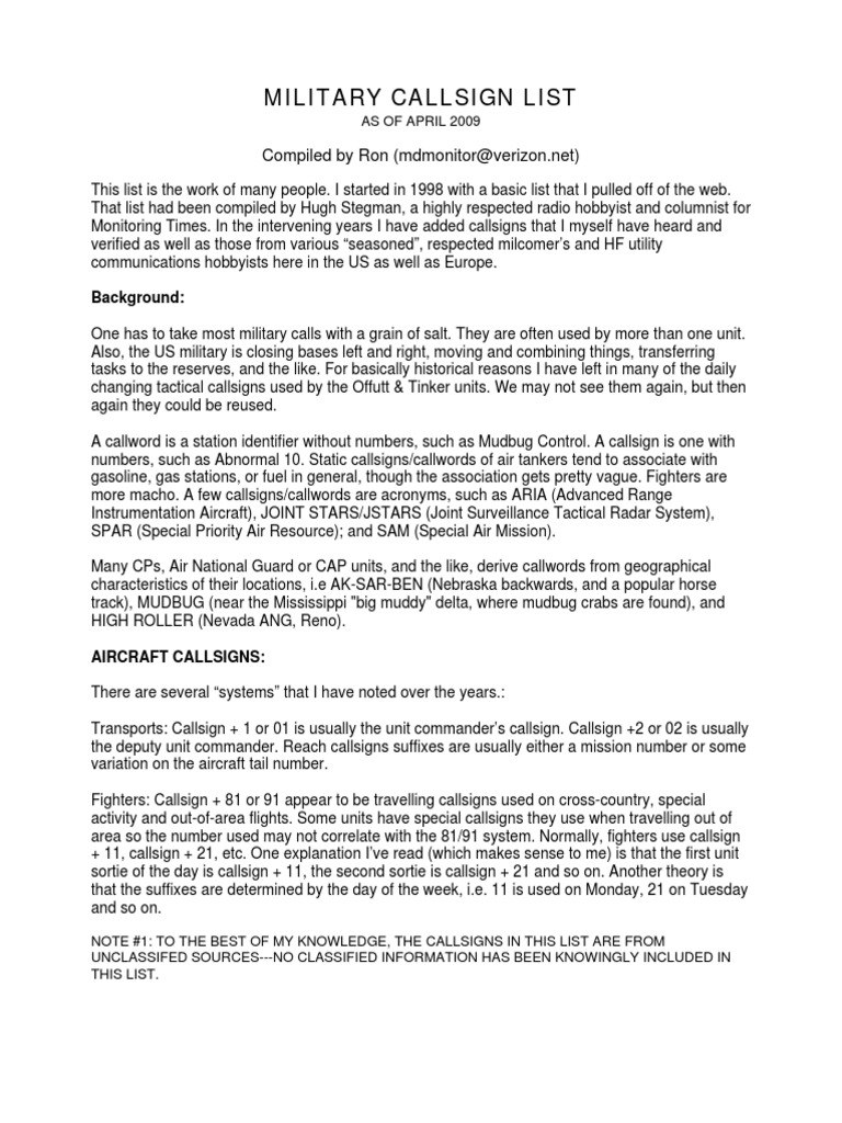 MilitaryCallsignList APR09 | PDF