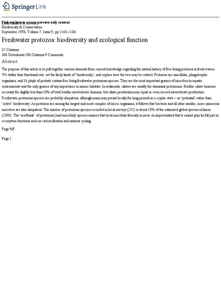 Freshwater Protozoa - Biodiversity and Ecological Function - Springer ...