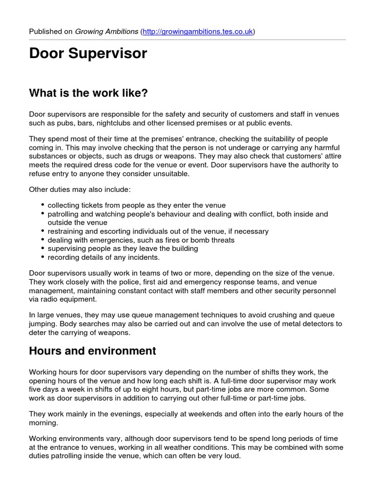 Door Supervisor Career Guide | PDF | Bouncer (Doorman) | Employment